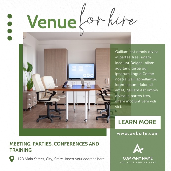 venue for hire advertisement Template | PosterMyWall