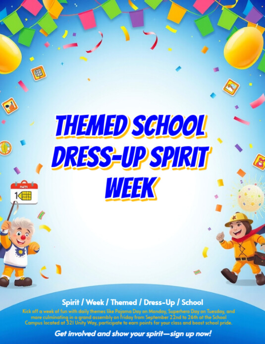 Vibrant Blue Fun Themed School Dress-Up Spirit Week Flyer Design ...