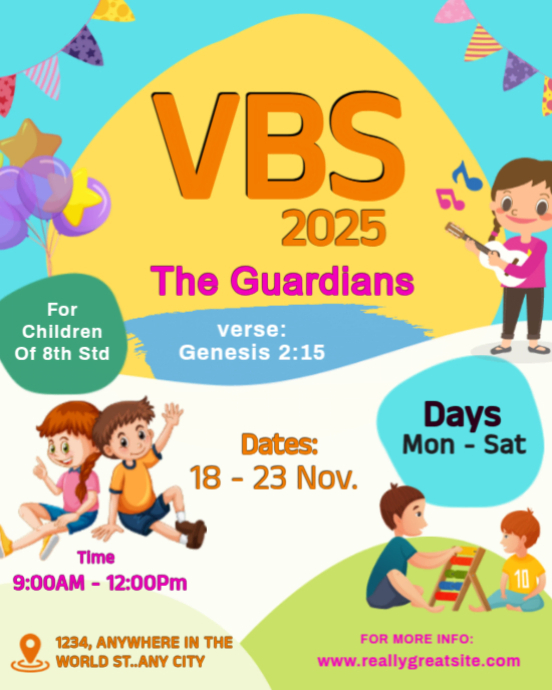 Vibrant VBS 2025 Guardians Flyer Template - Bible Verse Adventures for ...