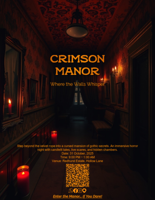 Victorian Haunted Manor Halloween Flyer with Candlelit Crimson Halls ...