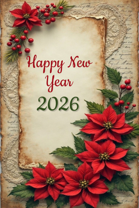 Vintage Floral Happy New Year 2026 Greeting Poster Template | PosterMyWall