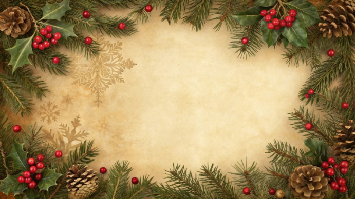 Vintage Holiday Background with Pinecones, Holly Leaves, and Golden ...