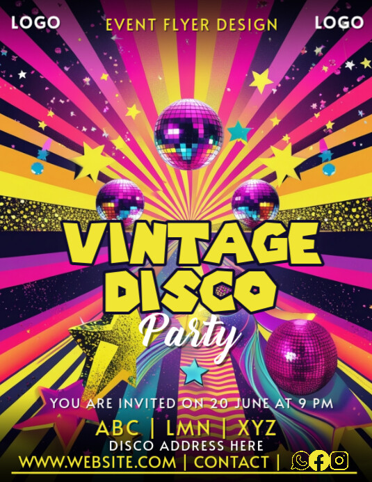 Vintage Retro Disco Event Design With 70s Inspired Maximal Style Flyer ...