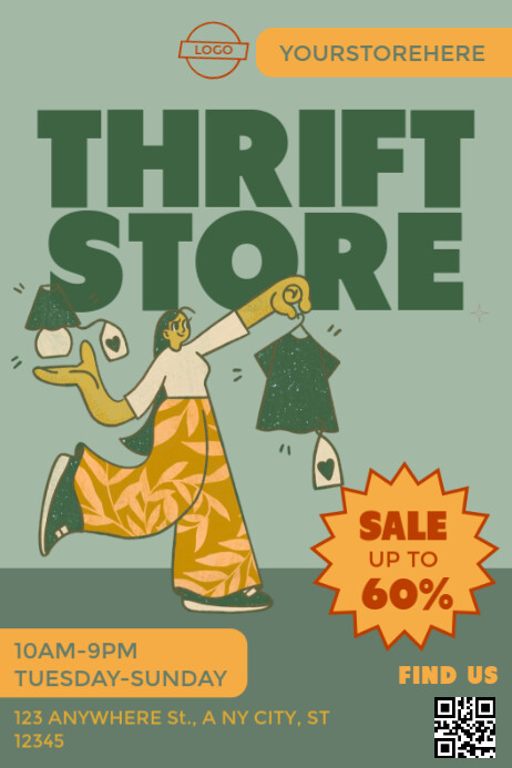 Vintage Sage Illustrative Thrift Store Poster Template | PosterMyWall