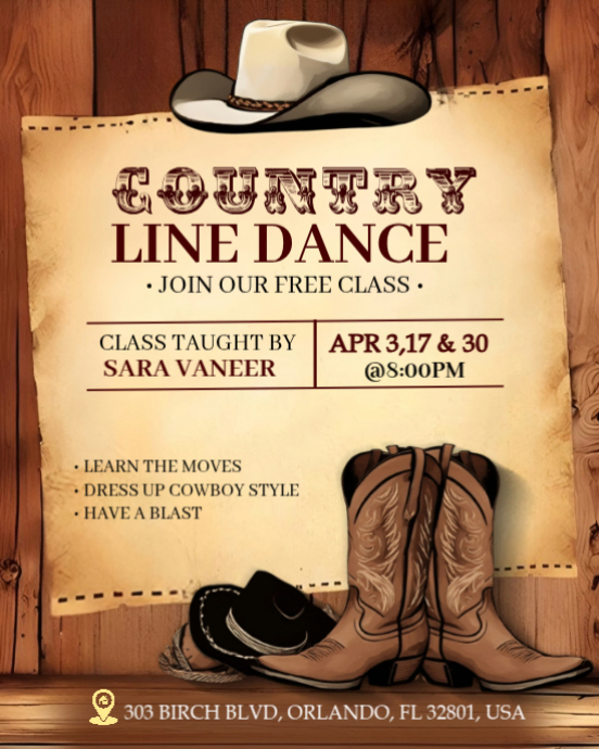 Vintage Western Country Line Dance Class Flyer Template | PosterMyWall
