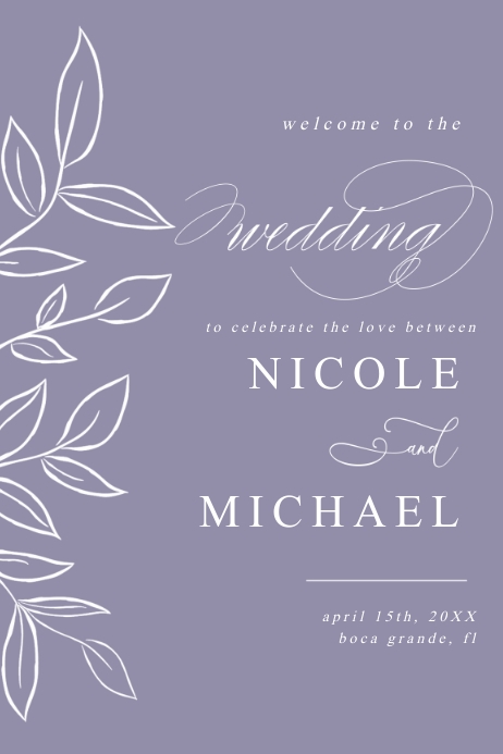 Violet Elegant Leaf Wedding Welcome Sign Template | PosterMyWall