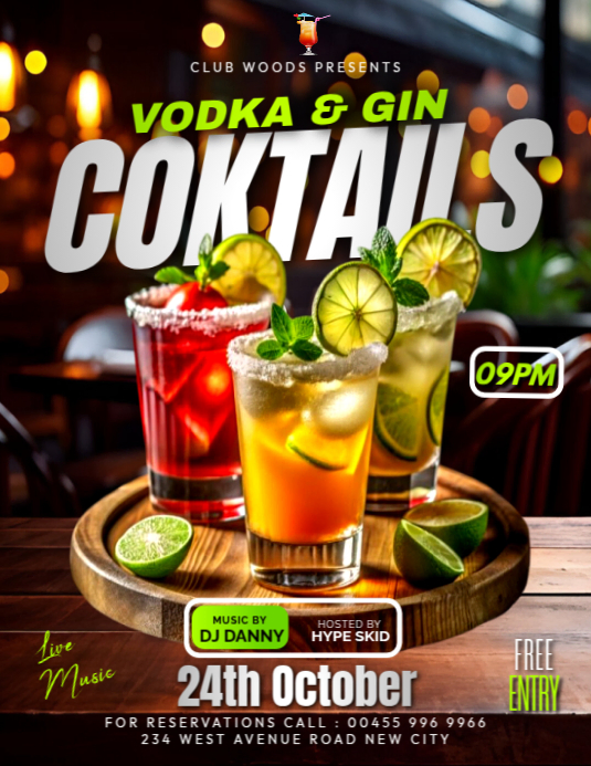 Vodka & gin cocktails drinks bar night club party invitation promotion ...