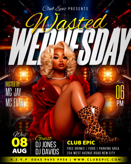 Wasted Wednesday sexy ladies night club music dj party event poster editable flyer template ...