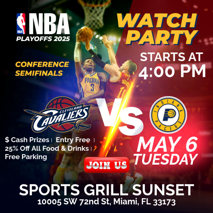 Watch Party NBA Playoffs 2025 Cleveland Cavaliers Vs Indiana Pacers ...