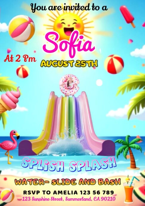 Water Slide Birthday Splash Party Invitation (2) เทมเพลต | PosterMyWall