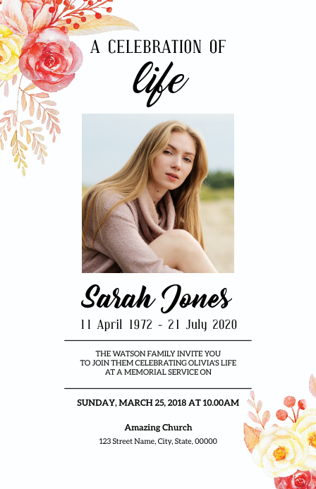 Watercolor floral Celebration of Life Program Template | PosterMyWall