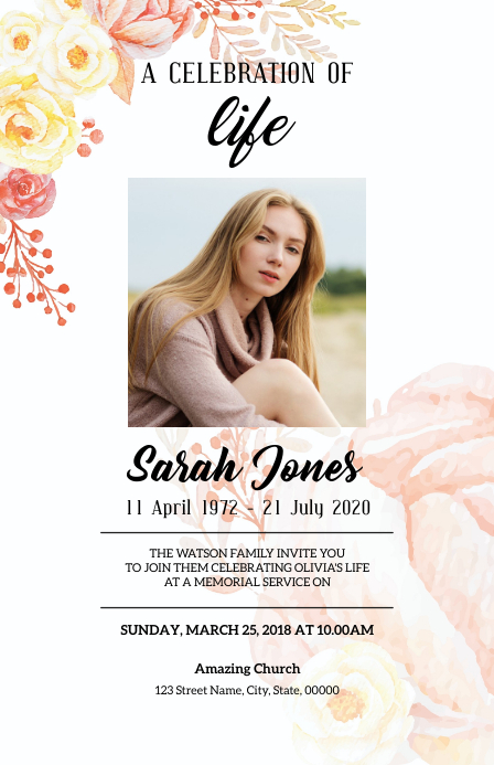 Watercolor floral Celebration of Life Program Template | PosterMyWall