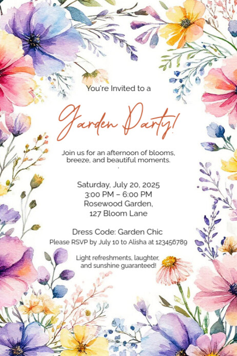 Watercolor floral garden party invitation Template | PosterMyWall