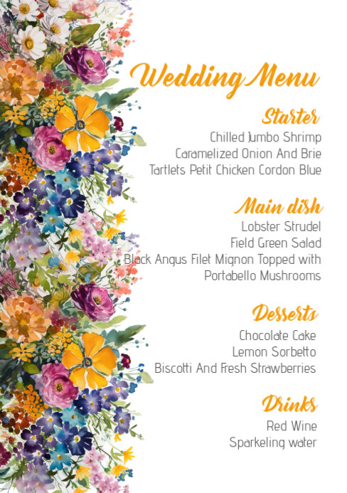 Copy of Watercolor flower wedding menu card | PosterMyWall