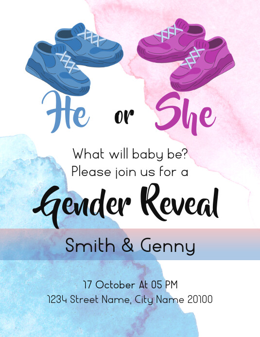 Plantilla de Watercolor Shoes Gender Reveal Party Flyer | PosterMyWall
