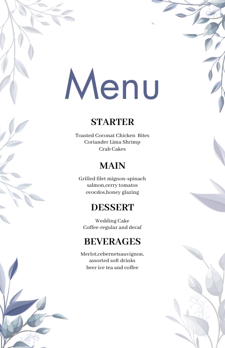 Bryllup Blå Blad Menukort Skabelon-skabelon | PosterMyWall