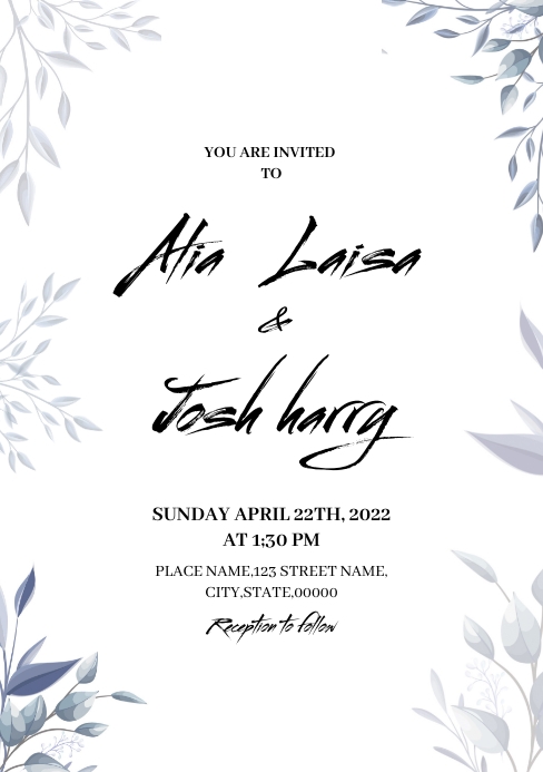 Wedding invitation Blue leaf card tamplate Template | PosterMyWall