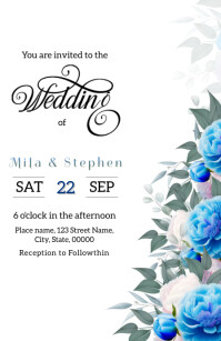 Blue Floral Wedding Invitation Template Half Page Wide | PosterMyWall