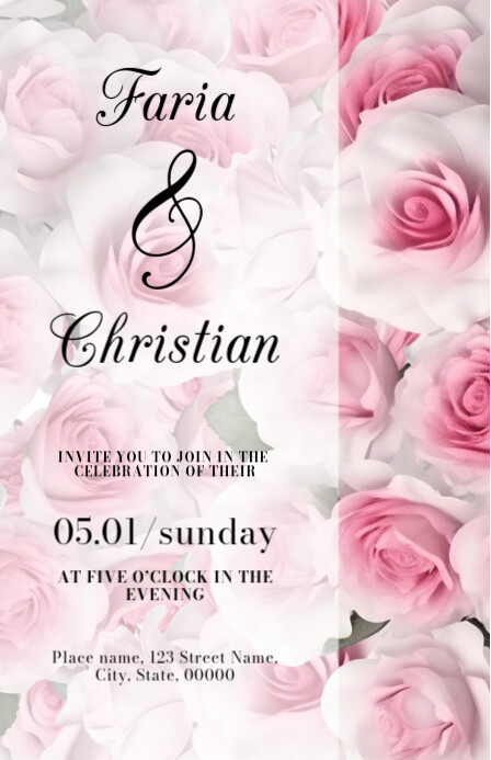 Wedding Invitation Pink Floral Card Half Page Wide Template | PosterMyWall