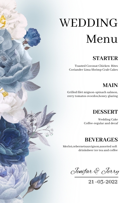 Copy of Wedding Menu Card Template watercolor blue | PosterMyWall