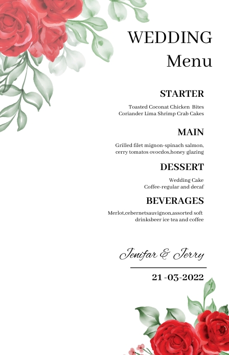 Wedding red rose Menu card template (2) | PosterMyWall