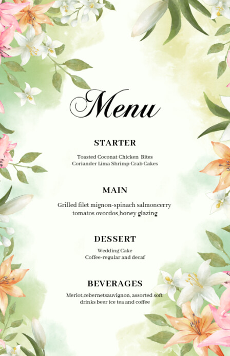 Copy of Wedding watercolor flowers menu card template | PosterMyWall