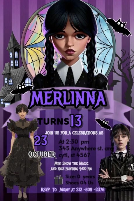 Copy of Wednesday invitation Merlina addams Brithday party temple ...