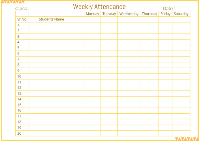 Plantilla de Weekly attendance A4 Sheet 20 Students Records | PosterMyWall