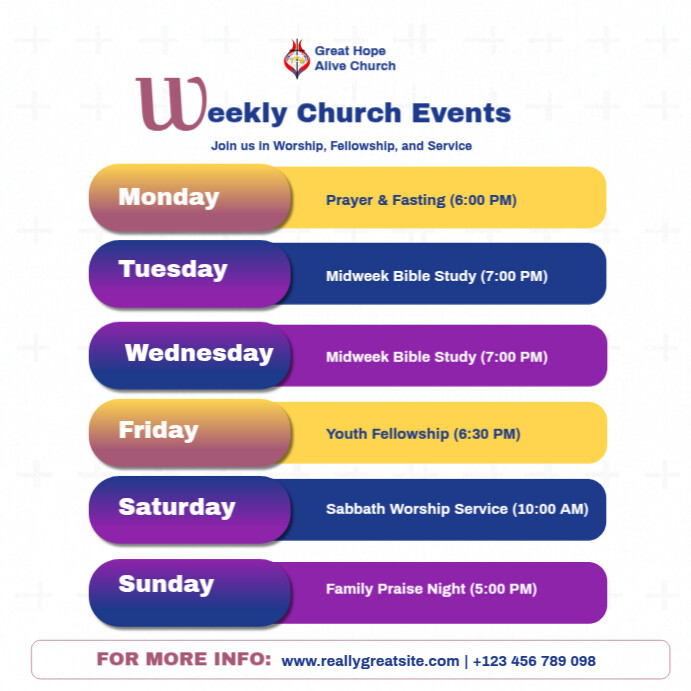 Weekly Church Events Poster Template – Worship, Prayer & Fellowship ...