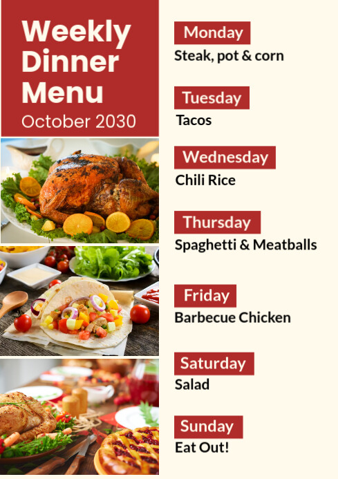 Copy of Weekly dinner menu template design | PosterMyWall