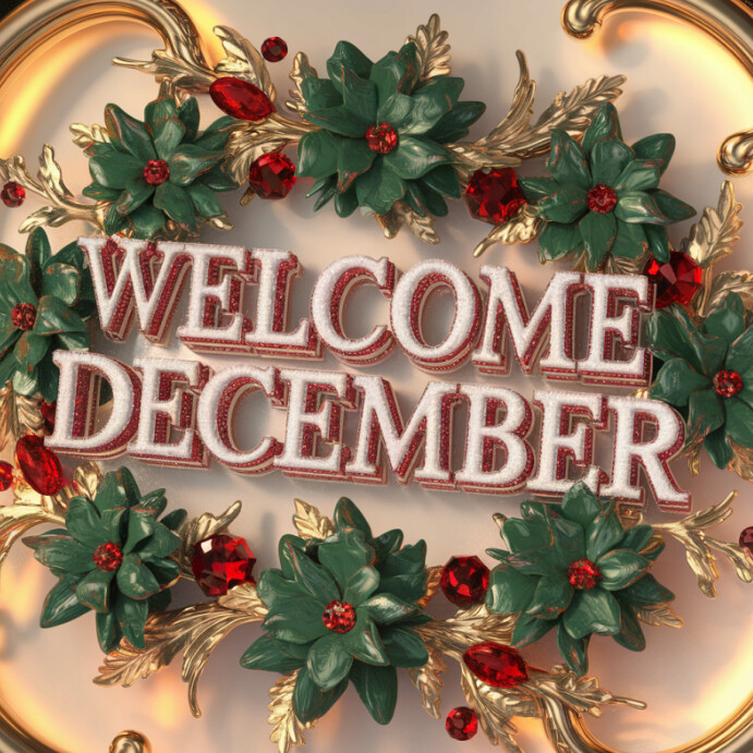 Modèle Welcome December greeting card frame design with green leafs and ...