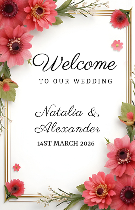 Plantilla de welcome sign floral frame with pink gerbera | PosterMyWall