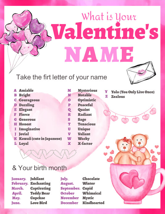 What's Your Valentine Name game printable Template | PosterMyWall