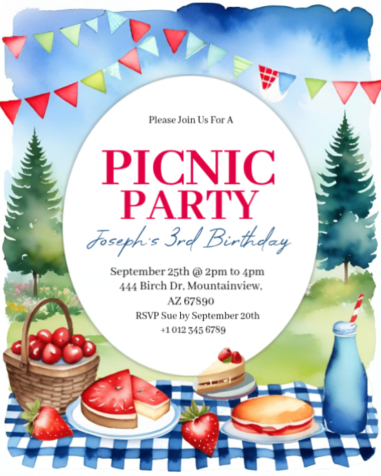 Copy of Whimsical Watercolor Picnic Party & Summer Birthday Invitation ...