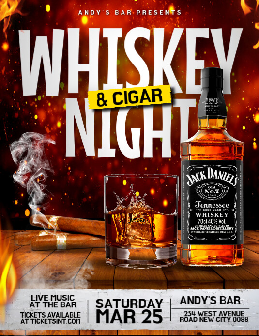 Whiskey and Cigar night party club bar lounge invitation flyer poster ...