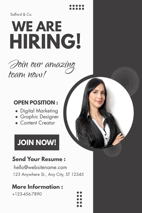 White & Black We Are Hiring Poster Template | PosterMyWall
