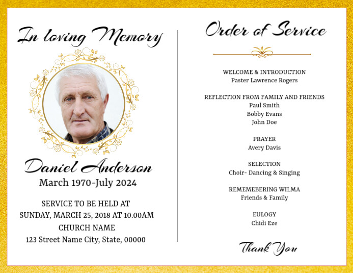 Copy of White & Gold Funeral Program Template | PosterMyWall