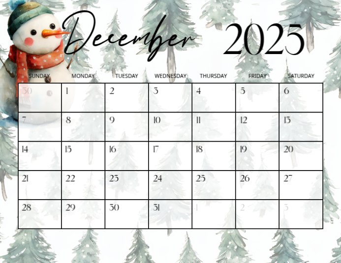 White 2025 December Winter Christmas Calendar Flyer Flyer (us Letter ...
