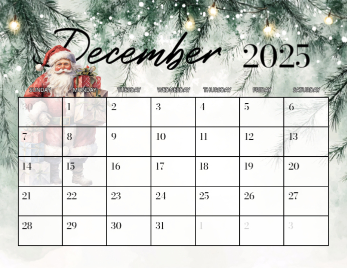 White 2025 December Winter Christmas Calendar Santa Flyer (us Letter ...