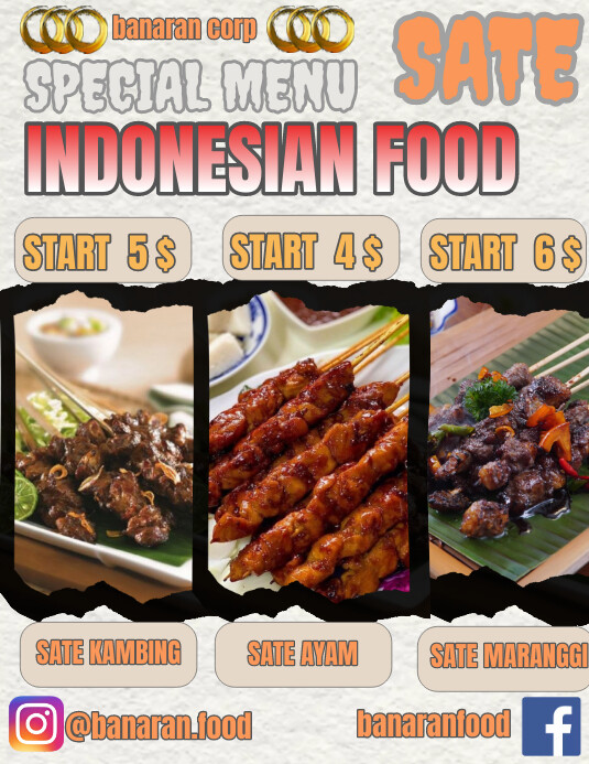 White 3d Food Menu Sate Pamflet (letter As) Template | PosterMyWall