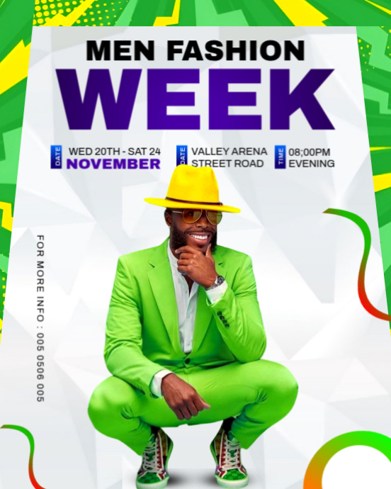Plantilla de White 3d Green Suit Men Fashion Style Week Runway Showcase Couture Event Flyer ...