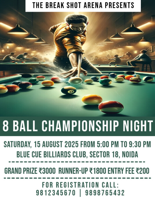 White 8 Ball Pool Tourrnament Flyer (us Letter) Template | PosterMyWall