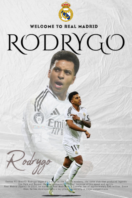 White Abstract Rodrygo Footyball Club Real Madrid Poster Template ...