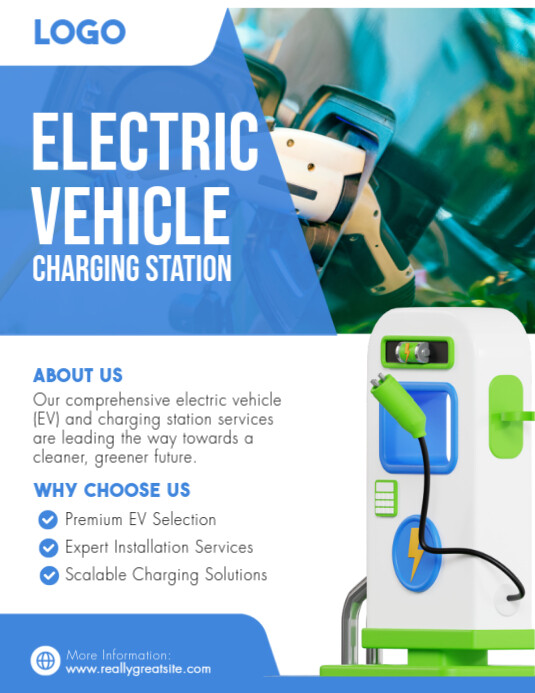 White And Blue Modern Electric Vehicle And Charging Station Flyer ...