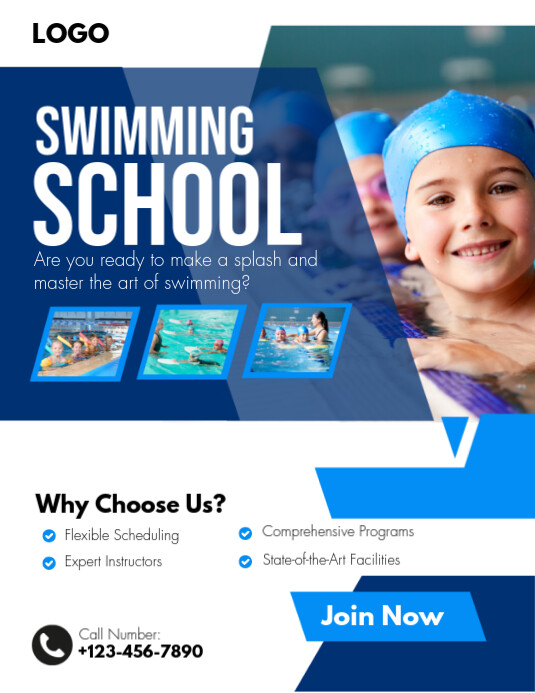 Plantilla de White and Blue Modern Swimming School Flyer | PosterMyWall