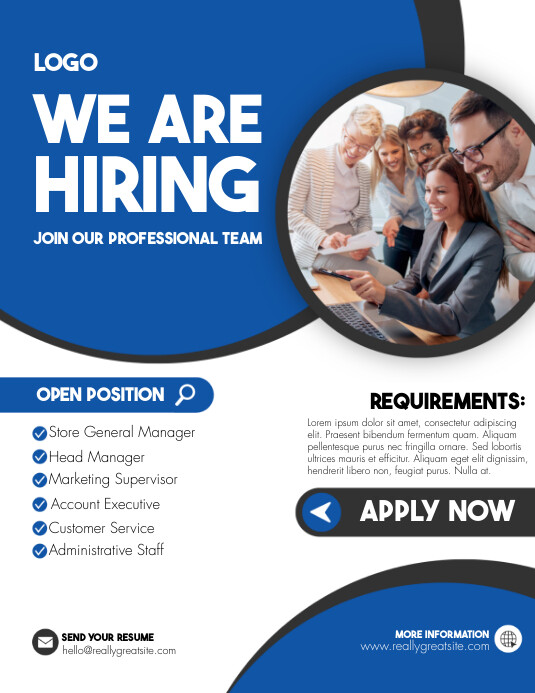 White And Blue Modern We Are Hiring Poster Template | PosterMyWall