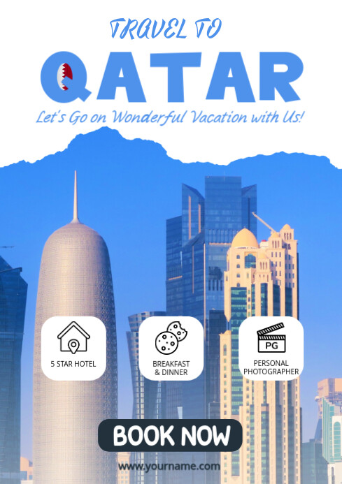 White and Blue Travel to Qatar Poster A4 Flyer Templat | PosterMyWall