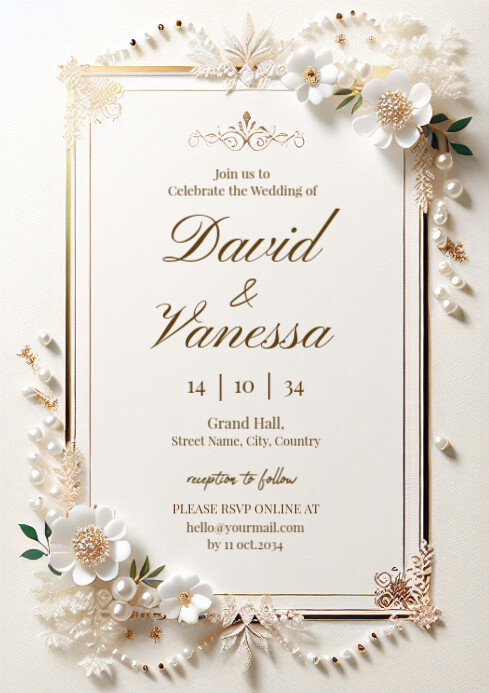 White and Gold Luxury Wedding Invitation Template | PosterMyWall