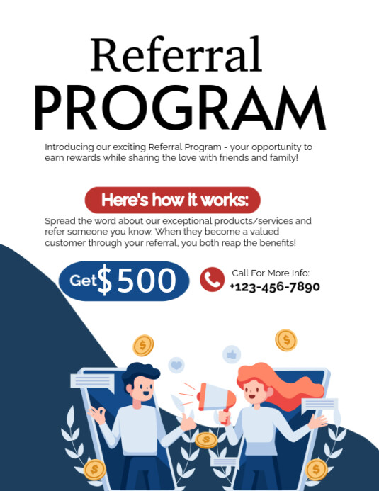 White and Navy Illustration Referral Program Flyer Template | PosterMyWall