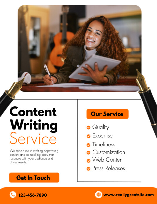 White And Orange Modern Content Writing Servi Template | PosterMyWall